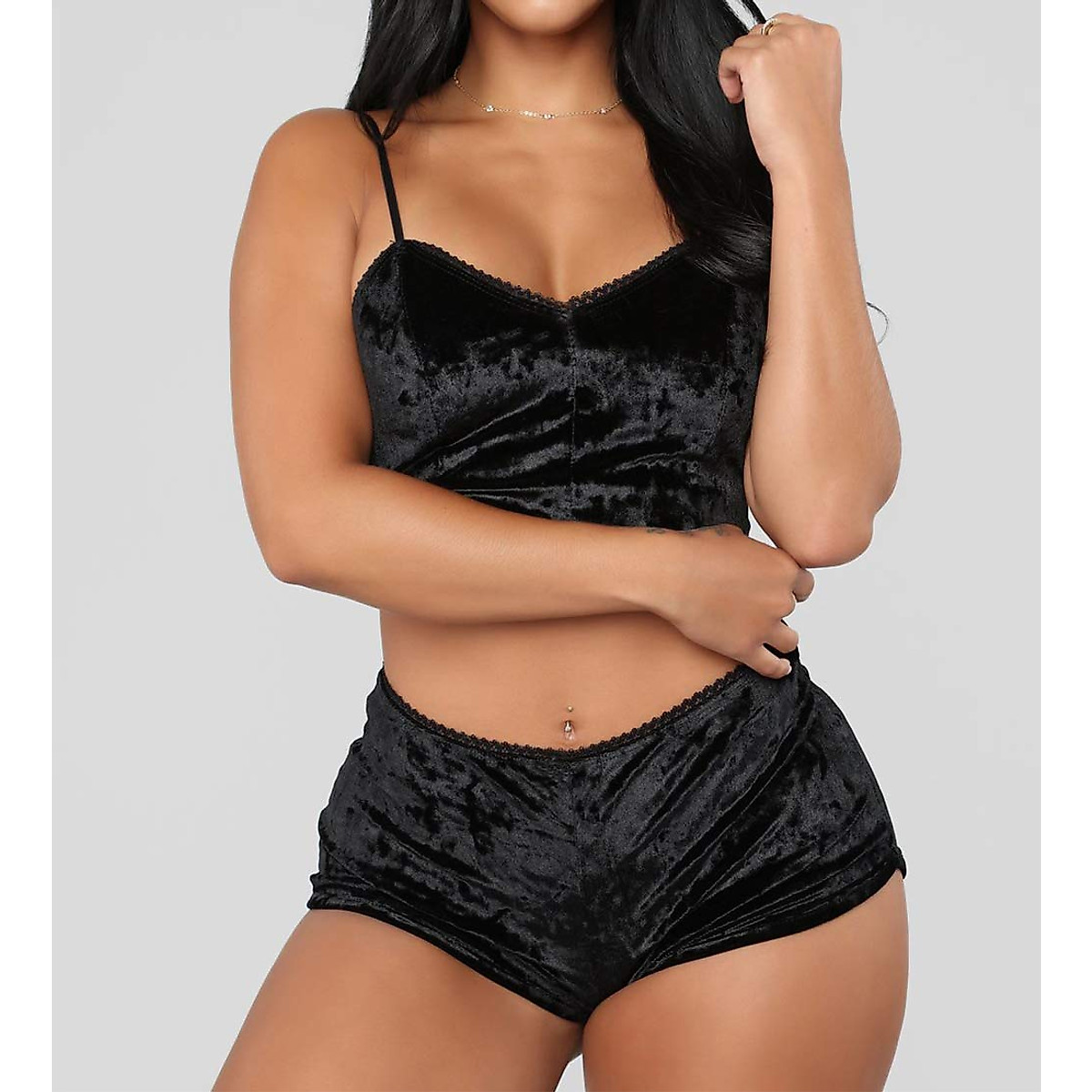 RUEWEY Women Sexy Strappy Babydoll Lingerie Satin Pajama Set Camisole with Shorts 2 Piece Sleepwear (S, Black)