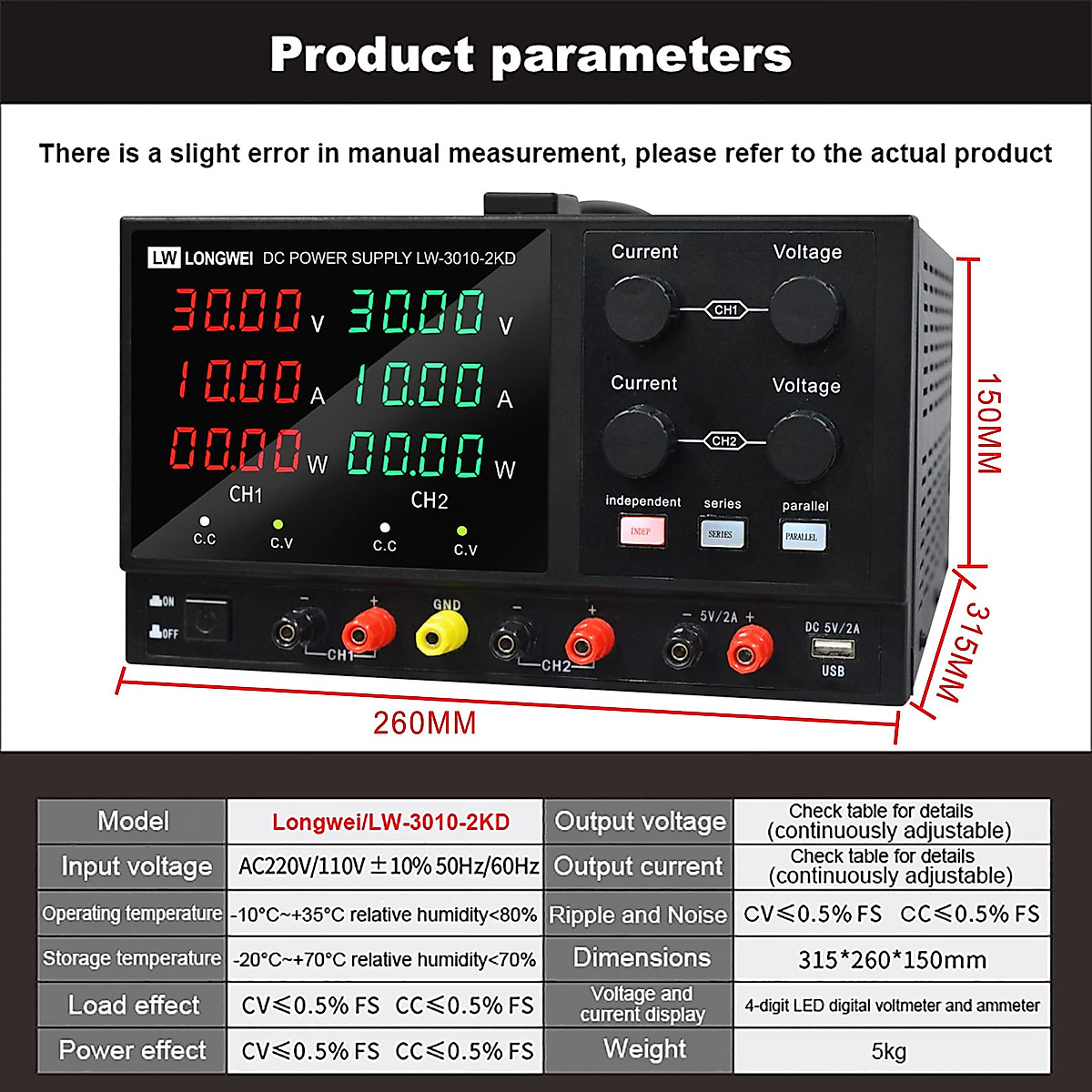 LWLONGWEI DC Power Supply Variable,4 Channels 30V 10A 2 * 300W Adjustable Switching Regulated DC Bench Power Supply with 4-Digits LED Power Display 5V/2A USB/DC Output Black