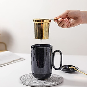 Ceramic Tea Cup Mug Infuser - VICRAYS Large 16 oz Hot Loose Steeping Handle Teacup with Leaf Infuser Spoon Lid - Blue Tall Glazed Strainer Coffee Mug Microwave Safe - Blue