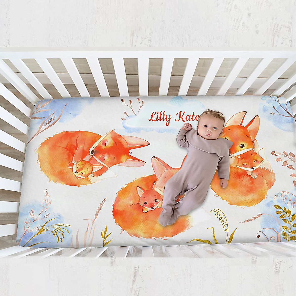 Noverbibi Watercolor Fox Crib Sheets - Personalized Baby Crib Mattress Sheet with Name, Custom Fitted Crib Sheet for Boys Girls Kids, Portable/Mini-Crib Sheet, Mini Crib Sheet | Name Crib Sheets