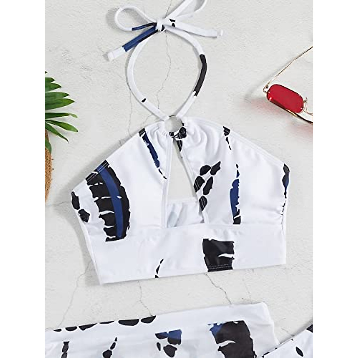 MakeMeChic Women's 3 Piece Swimsuits Halter Cutout Bikini Set Bathing Suit with Cover Up Skirt Black and White S