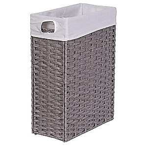 BIRDROCK HOME 22" Slim Laundry Hamper with Removable Liner Bag | Grey | Handwoven | Compact Collapsible Clothes Basket | Synthetic PE Rattan