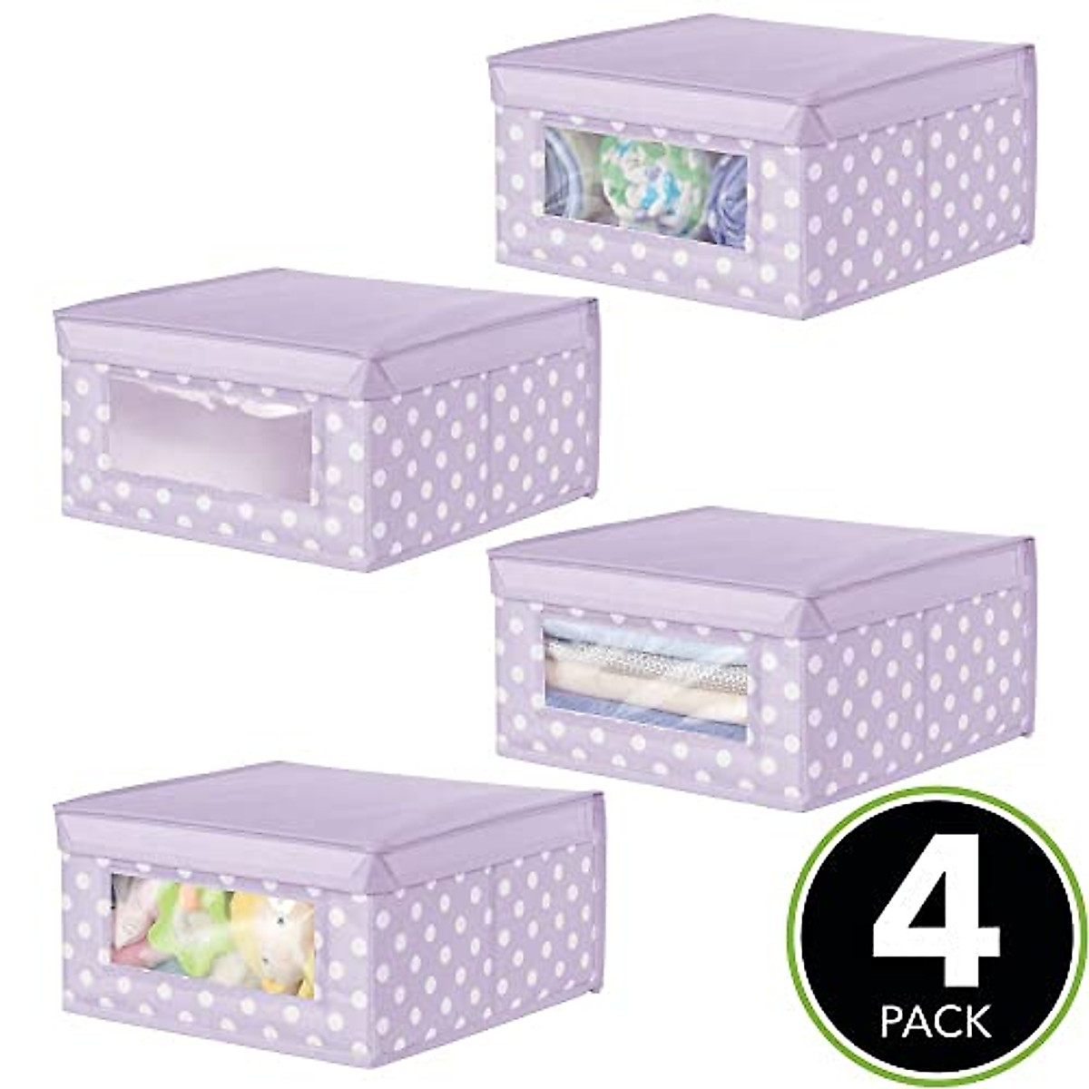 mDesign Medium Soft Stackable Fabric Baby Nursery Storage Organizer Holder Bin Box with Front Window and Lid for Child/Kids Bedroom, Playroom, Classroom - 4 Pack, Light Wisteria Purple/White Polka Dot