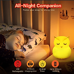 WHA&DARREN Large Owl Night Light for Kids,Cute Baby Night Light, Silicone Bedside Lamp, Sleep Lights, Eye Caring, Adjustable Brightness & Color, Time Setting, Touch+Remote Control