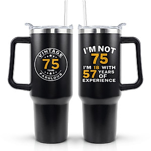 Qeenking 75th Birthday Tumbler - 40 OZ Stainless Steel Travel Mug with Handle and Straw - The Best Birthday Gift Ideas