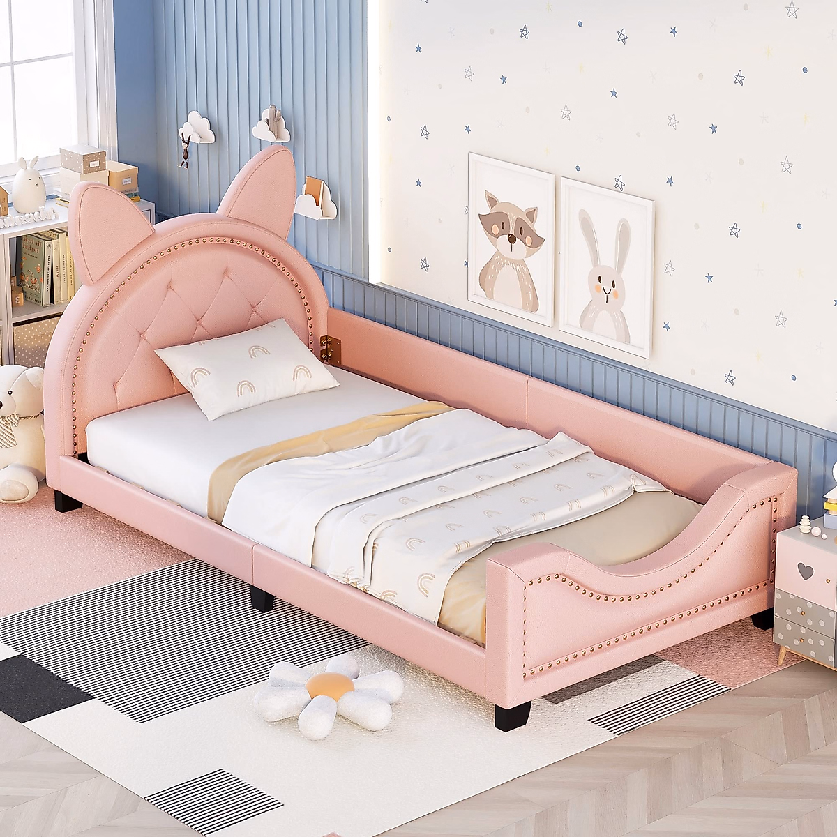 Merax Twin Size Upholstered Daybed with Bunny Ears Headboard, Platform Bed Frame for Kids, Child's Bedroom, No Box Spring Needed, Pink