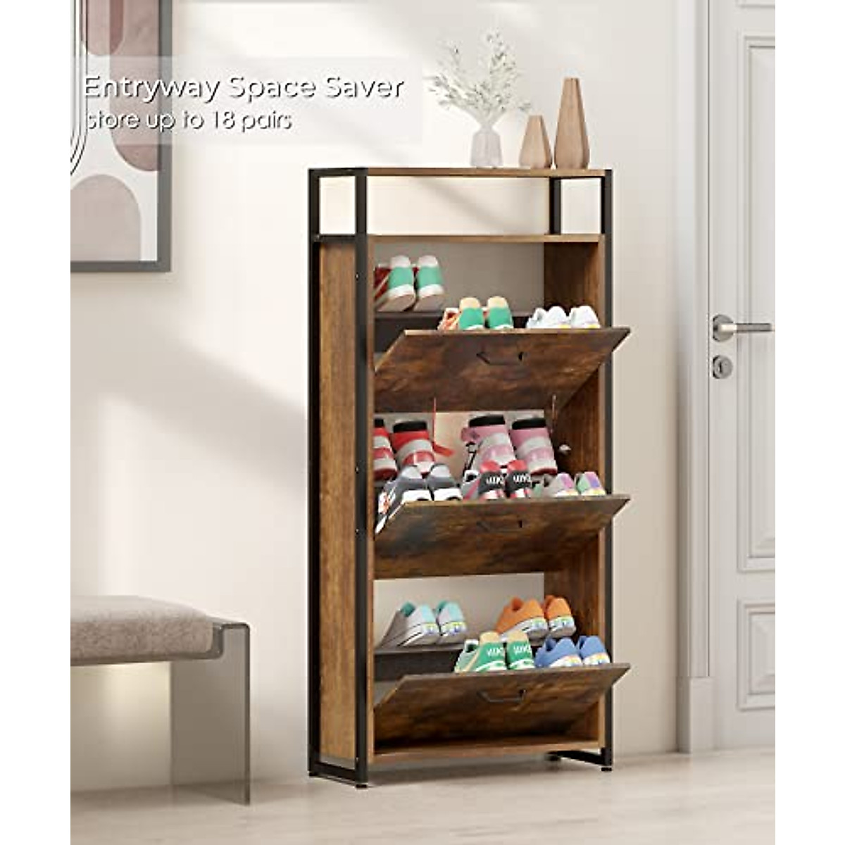 HAIOOU 3 Drawer Industrial Shoe Cabinet, Slim Freestanding Wood Shoe Rack Storage Organizer Stand with Flip Doors, Open Storage Shelf, Anti Toppling Device for 15-18 Pairs - Rustic Brown & Black