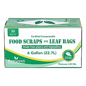 ProGreen Compostable Trash Bags, Extra Thick, Compost Kitchen Bin Bags, Food Scraps Yard Waste Bags, ASTM D6400 BPI and TÜV AUSTRIA Certified (6 Gallon, Pack of 30)