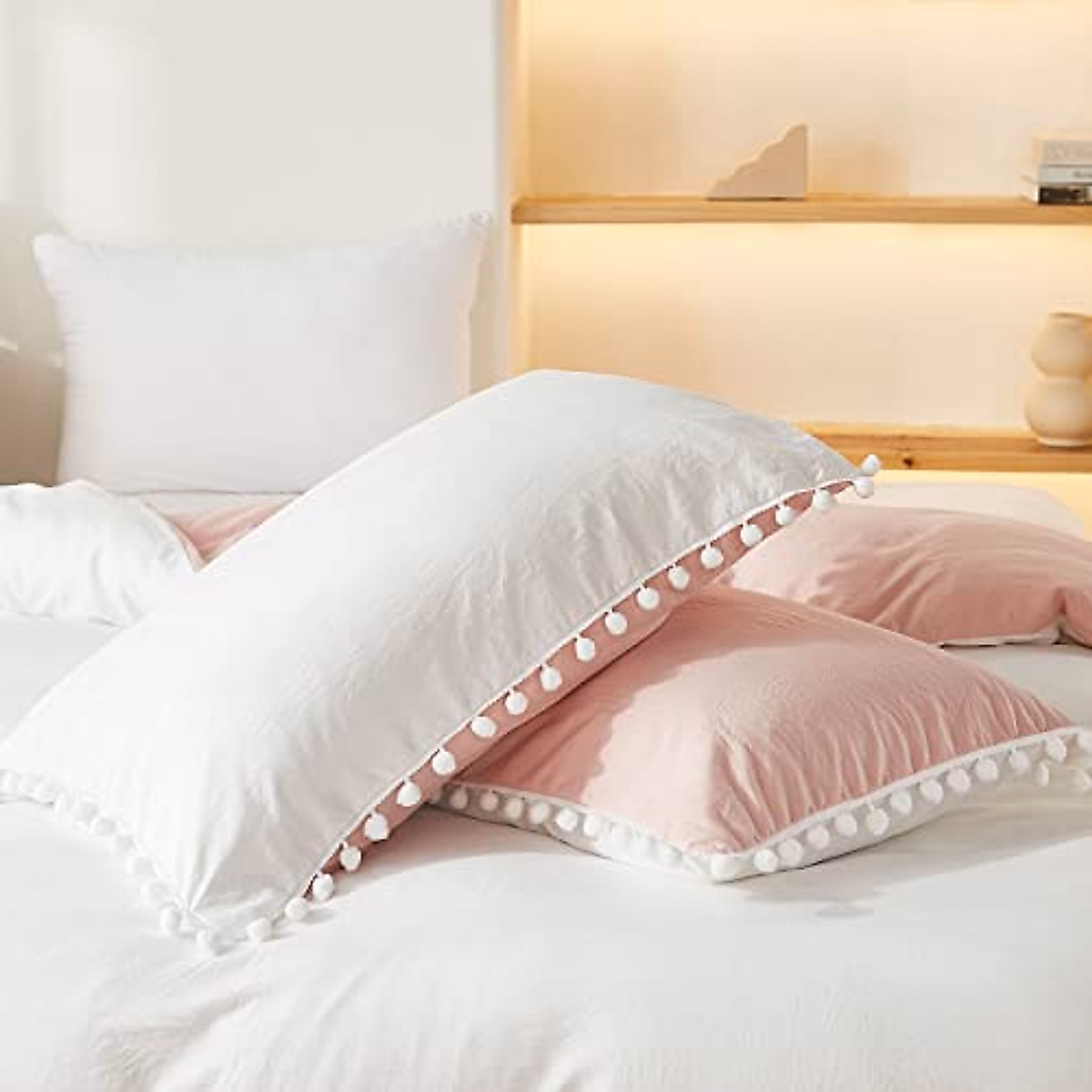 Bedbay Queen Duvet Cover Set Pink Bedding for Teen Girls Aesthetic Bedding Set Ball Pom Fringe Design 3pcs Ultra Soft Microfiber Duvet Cover Set(White&Pink,Queen)