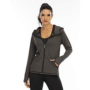 Koscacy Zip Up Hoodie Women,Lightweight Long Sleeve Full Zip Up Fitness Athletic Hoody High Elastic Ultra Soft Light Weight Sweater Sweatshirt Black Heather X-Large