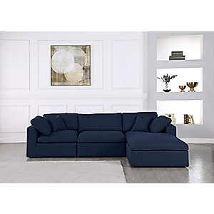 Meridian Furniture Serene Collection Modern | Contemporary Deluxe Comfort Modular Sectional, Soft Linen Textured Fabric, Down Cushions, 2 Corner + 1 Armless + 1 Ottoman, Navy