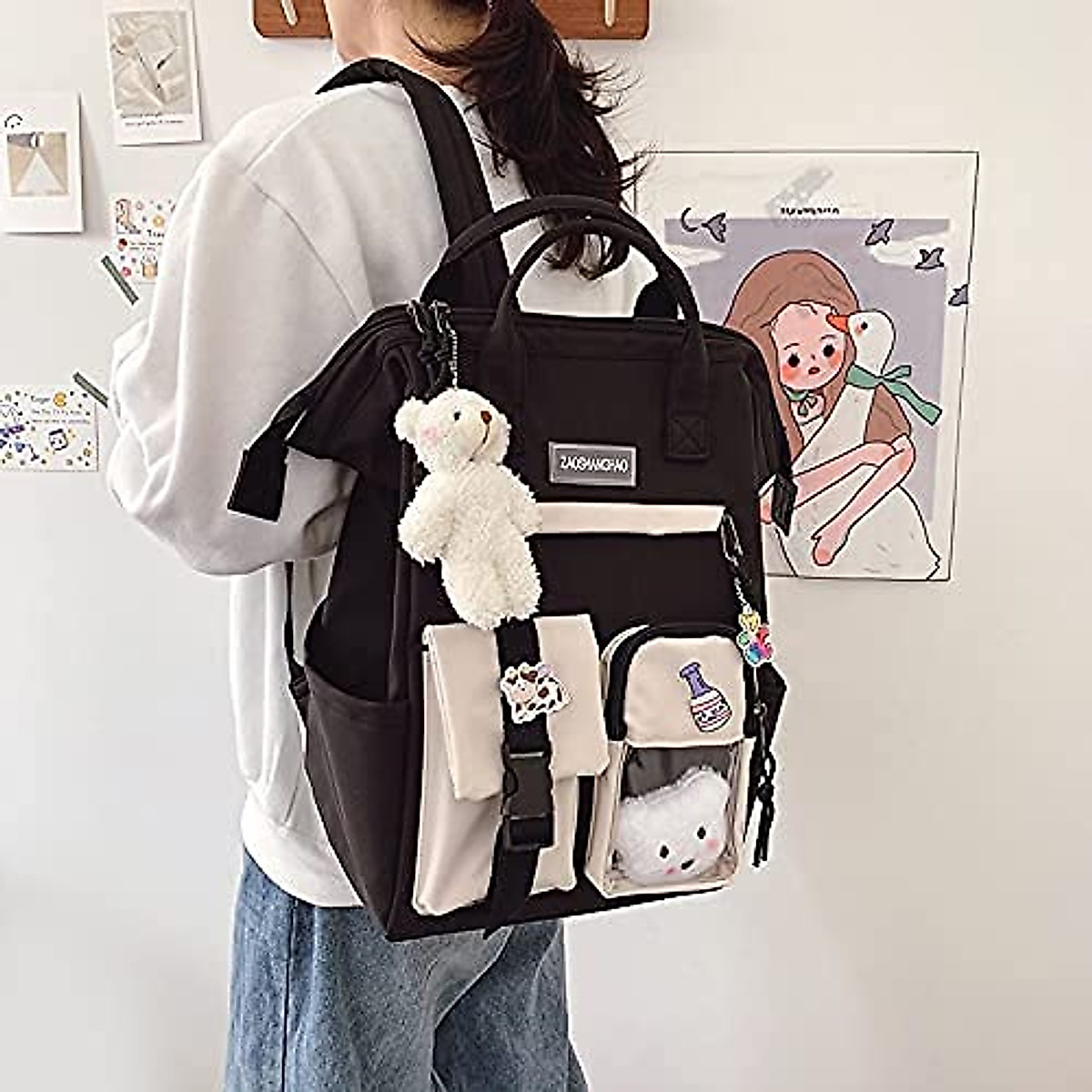 GGOOB Kawaii Backpack with Kawaii Pin and Accessories Backpack Cute Aesthetic Backpack Cute Kawaii Backpack for School (Black)