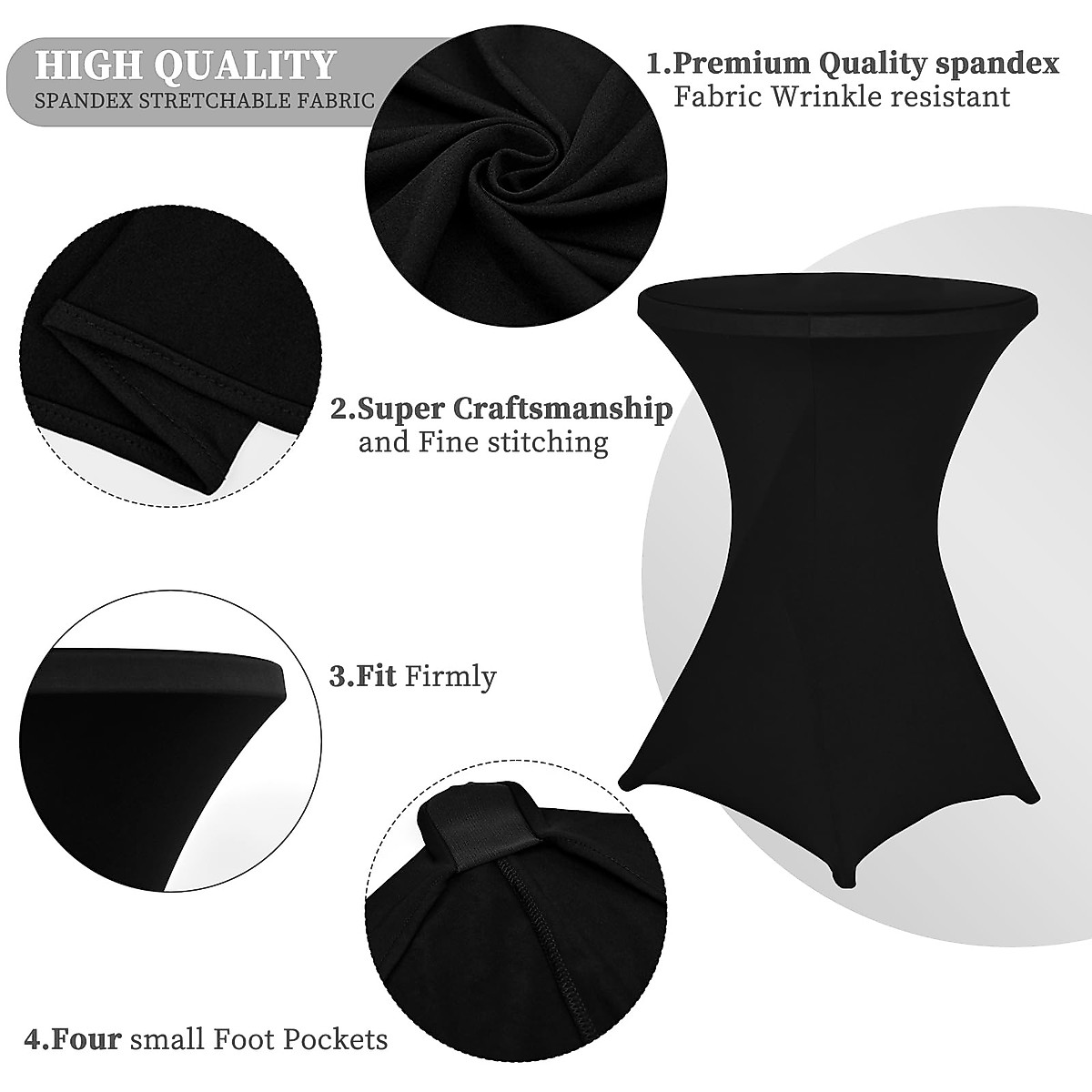 LOKUME 4 Pack Cocktail Spandex Stretch Square Corners Tablecloth 32" x 43" Black Cocktail Table Covers, Fitted High Top Spandex Cocktail Table Tablecloth for Bar Wedding Cocktail Party Banquet