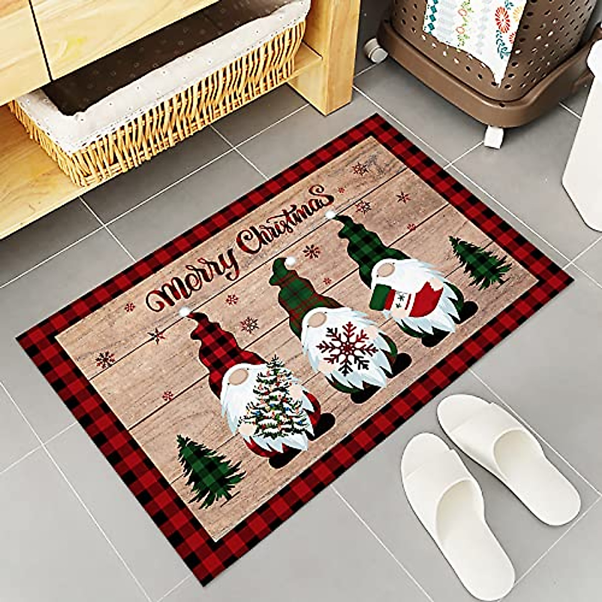 2 Piece Gnome Kitchen Rug Set Merry Christmas Indoor Floor Mats for Winter, Xmas Door Mat Runner Rug Carpet Mat for Kitchen Home Decor (15.7" x 23.6"+15.7" x 47.2") - Snowflake Tree Retro Wooden Board