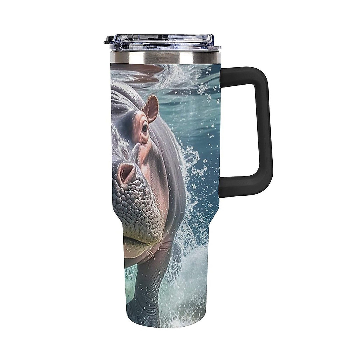 FHECVBN Black 40 Oz Insulated Tumbler with Handle Diving Hippo Printed Leakproof Water Bottle Coffee Mug Car Cup for Gym Outdoors Commute Work