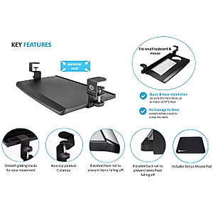 ErgoActive Keyboard Tray Under Desk with Included Mouse Pad and Easy Clamp On Installation, Fits Small Keyboard and Mouse - Small (20" x 11.8”)