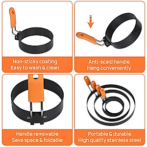Hhyn Egg Rings for Griddle Frying Eggs Upgraded 4 Packs, Pancake Shapers with Orange Silicone Handle Non-stick Egg Molds for cooking Breakfast Omelette Sandwiches (3", 3.5", 6", 8")
