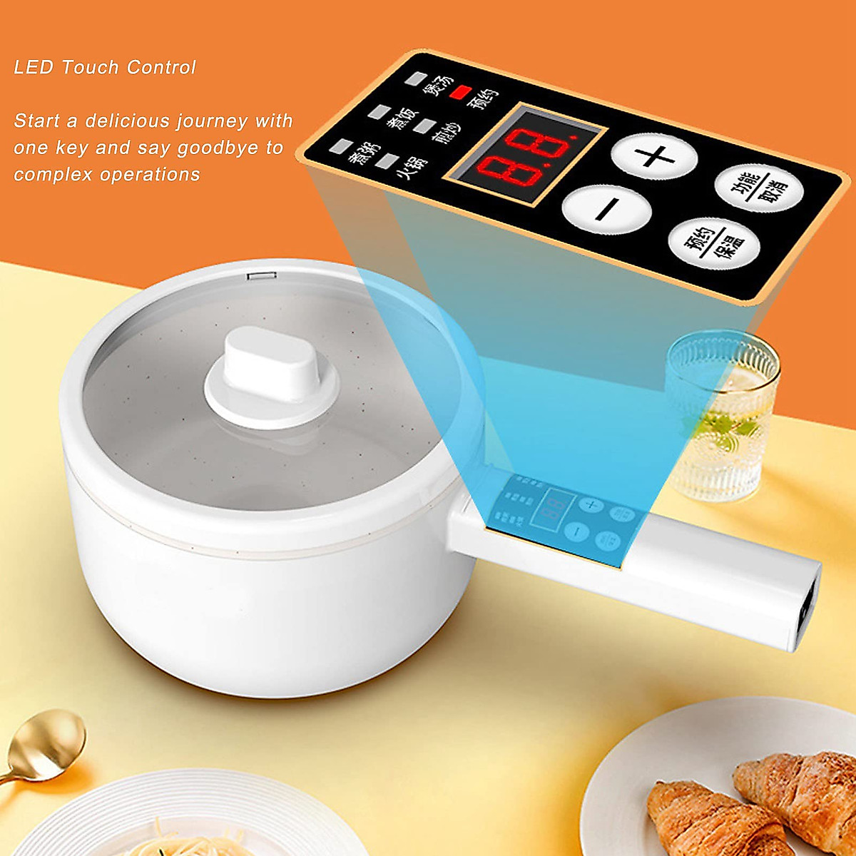 Hot Pot Electric, 700W 1.8L Single Layer Portable Electric Frying Pan Multifunction Electric Skillet 5 Cooking Modes LED Touch Control for Steamed, Fried, Boiled, Stewed(US Plug 110V)