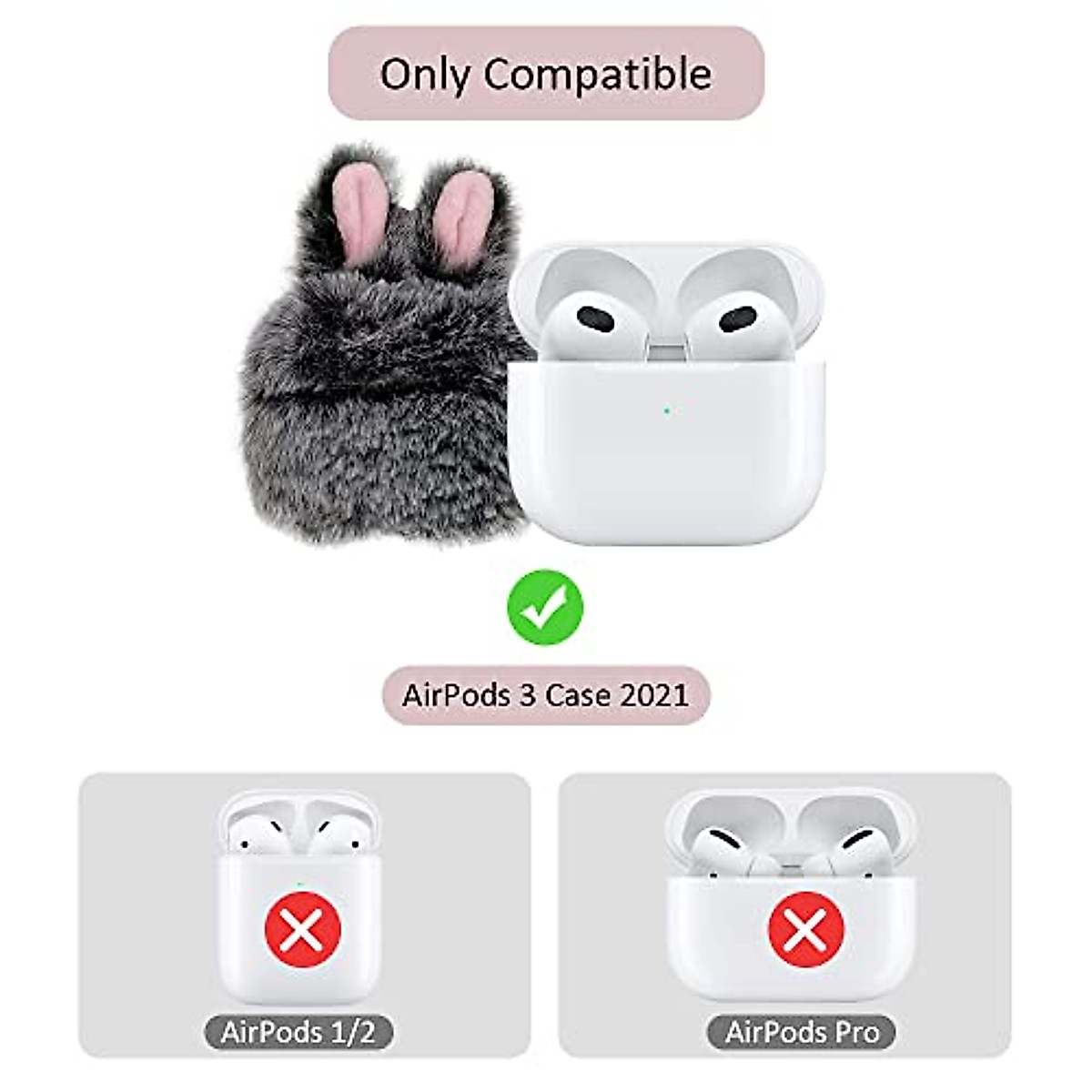 Cute Plush Rabbit Ears Airpods 3 Case 2021, Fluffy Soft Shockproof Anti-Fall Protective Case Cover for AirPods 3rd Generation (Grey)