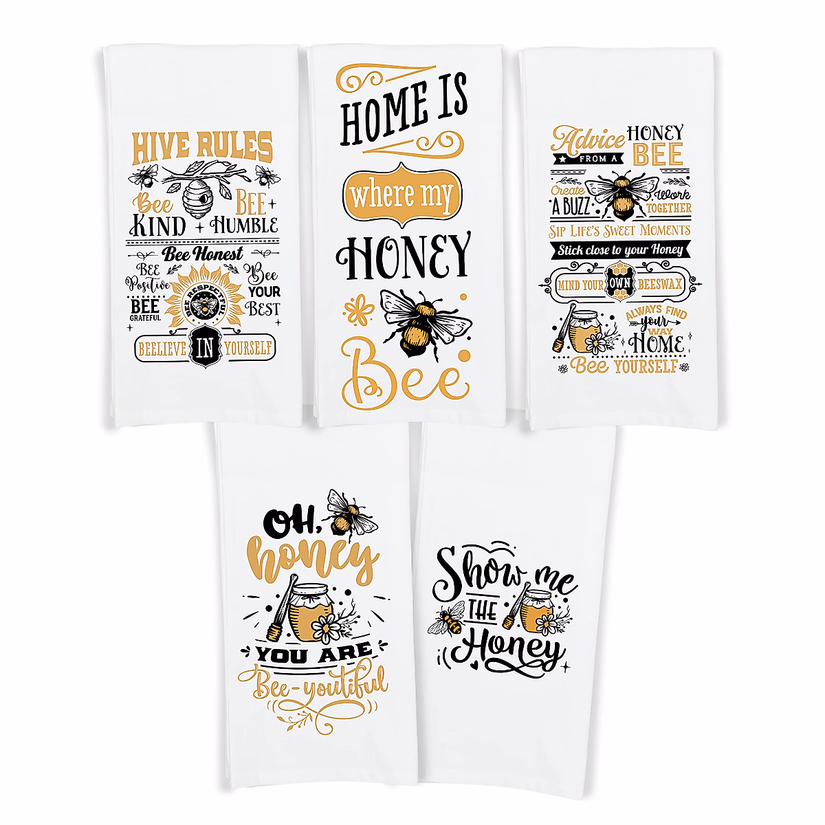 Honey Bee Kitchen Towels with Hanging Loop - Set of 5 100% Cotton Flour Sack Hand Towels - Home Decor Housewarming Hostess Mother's Day Gift for Bee Lover