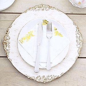 Efavormart 6 Pack White 13" Round Baroque Charger Plates Leaf Embossed Antique Gold Rim for Tabletop Decor Catering Event