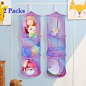 FIOBEE Stuffed Animals Hammock Net Toy Storage 2 Pack Hanging Stuffed Animals Organizer Holder Mesh Toy Organizer with 3 Compartments for Girls Room Closet Kids Playroom, Purple