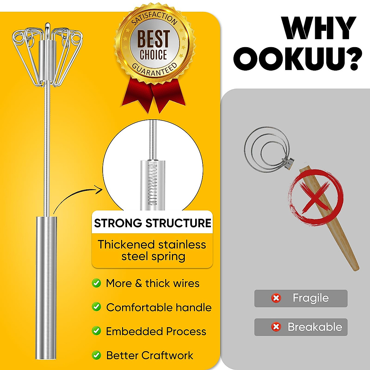 OOKUU Stainless Steel Egg Whisk, Whizzy Whisk, Semi Automatic Whisk Blender for Home - Versatile Tool for Egg Beater, Hand Push Whisk Blender, for Blending, Whisking, Beating & Stirring (12in)