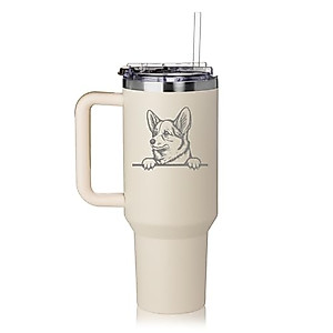 Daylor 40 oz Tumbler with Handle and Straw Lid Stainless Steel Insulated Travel Mug Cup Peeking Corgi Dog (Cream)