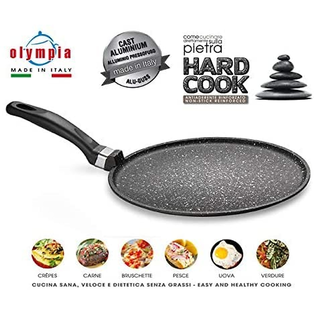 Olympia Hard Cook 11.8 Inch Non-Stick PFOA-Free Die-Cast Aluminum Crepe Pan, Made in Italy