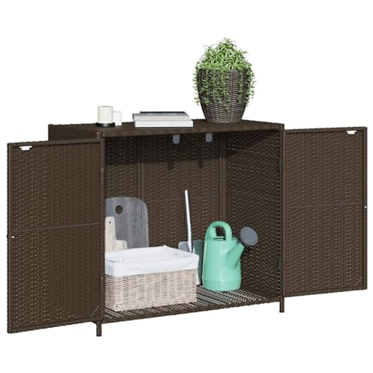loibinfen Wicker Outdoor Storage Cabinet with Two Doors, Freestanding Outdoor Patio Storage Unit, Rattan Deck Box, Brown 32.7"x17.7"x29.9" Poly Rattan, -83