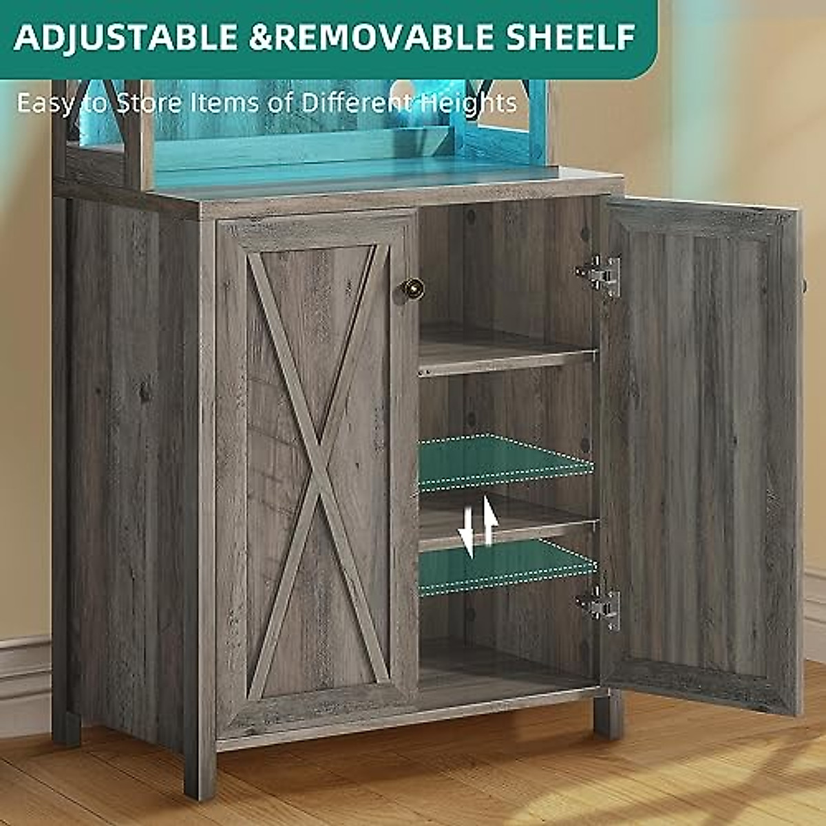 YITAHOME Bar Cabinets with LED Light, Coffee Bar Liquor Cabinet with Glass Holder, Tall Buffet Wine Cabinet with Storage for Kitchen, Dining Room, Rustic Grey Wash