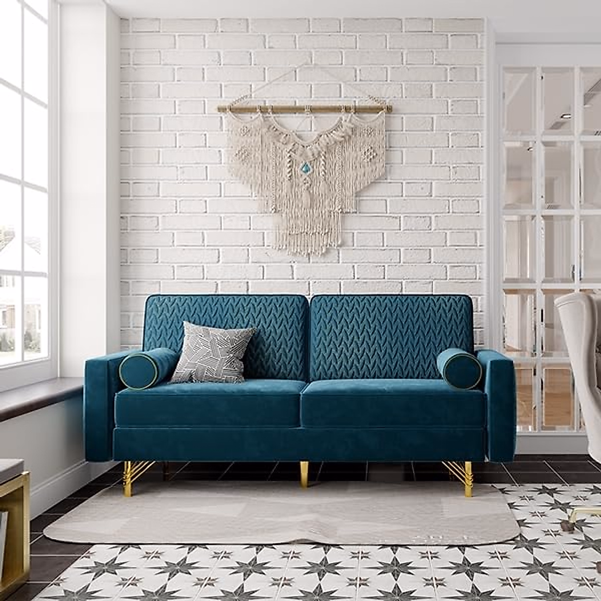 YaoYaoJia 79'' Luxury Velvet Sofa,Mid-Century Modern Loveseat with Bolster Pillows,3 Seater Sofa with Gold Metal Legs,Comfy Couches for Living Room Bedroom Apartment (Teal)