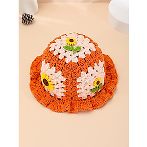 Verdusa Women's Floral Applique Crochet Bucket Hats Knit Caps Orange one-Size