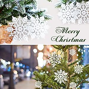 46Pcs Plastic Snowflake Ornament Christmas Glitter Snowflake Hanging Christmas Tree Decorations with Silver Rope for Winter Decorations Tree Window Door Accessories (White)
