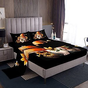 Erosebridal Gnome Sheet Set Queen Size Rustic Gnome Bed Sheets for Teens Adult Spring Sunflower Honey Bees Bedding Set Vintage Garden Fitted Sheet + Flat Sheet + 2 Pillow Shams Wrinkle Free