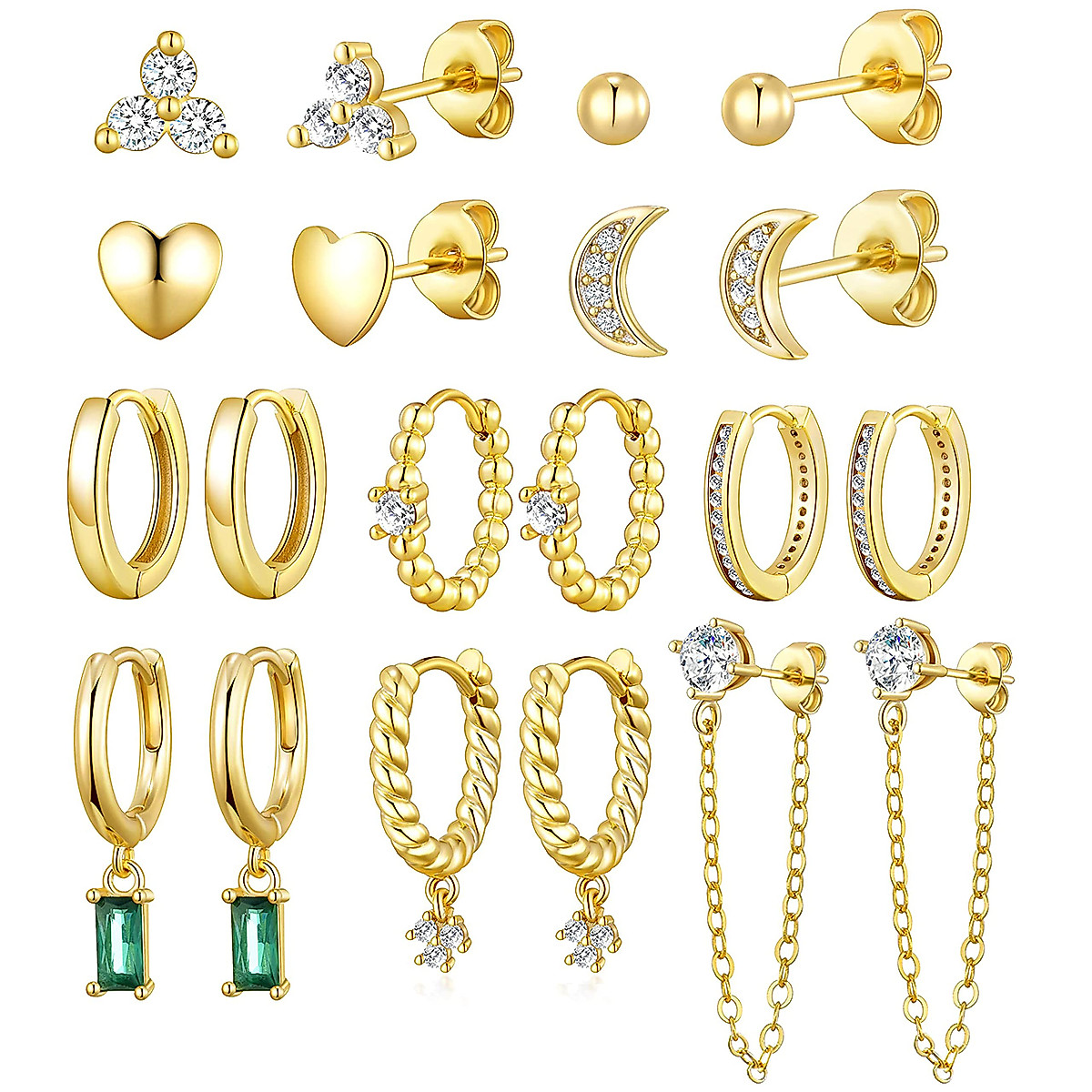 PLOMFOV 14K Gold Silver Hoop Studs Earrings Set for Women Dainty Dangle Hoop Gold Earrings Set for Multiple Piercing Gold Tone