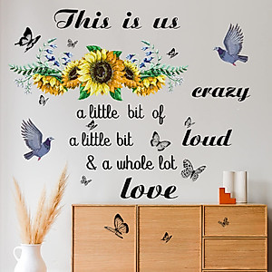 Sunflower Wall Stickers with 3D Butterfly, Family Inspirational Quote Wall Decals, Removable Garden Flowers Plant Wallpaper Decor, DIY Art Murals for Bedroom Nursery Kitchen Home Kids Living Room