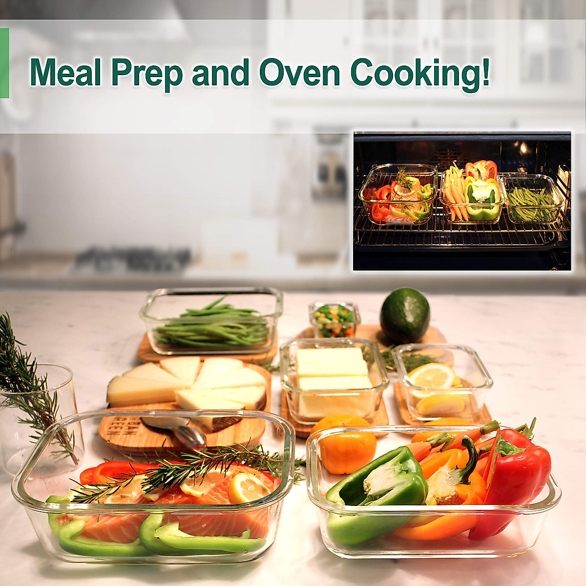 Urban Green Glass Container with Bamboo Lid, 2 Pack of 50oz, Large Glass food storage Container with Lids, Glass Meal Prep Containers Set, Glass Containers set of 2, Glass Food Containers