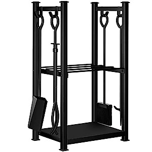 AMAGABELI GARDEN HOME Garden Home Firewood Rack Indoor with Fireplace Tools Set Log Holder Wood Rack Outdoor Log Rack Storage Tongs Poker Brush Shovel Bin Stacking Black Wrought Iron Accessories Kit