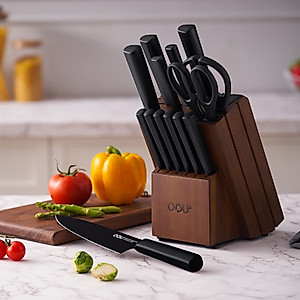 OOU Kitchen Knife Block Set - 15 Pieces High Carbon Stainless Steel Chef Knife Sets, Anti-Rust Black Knives Set with Built-in Sharpener Block, Walnut