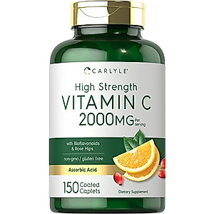 Vitamin C 2000mg | with Rose Hips | 150 Caplets | Vegetarian, Non-GMO, Gluten Free Supplement | by Carlyle