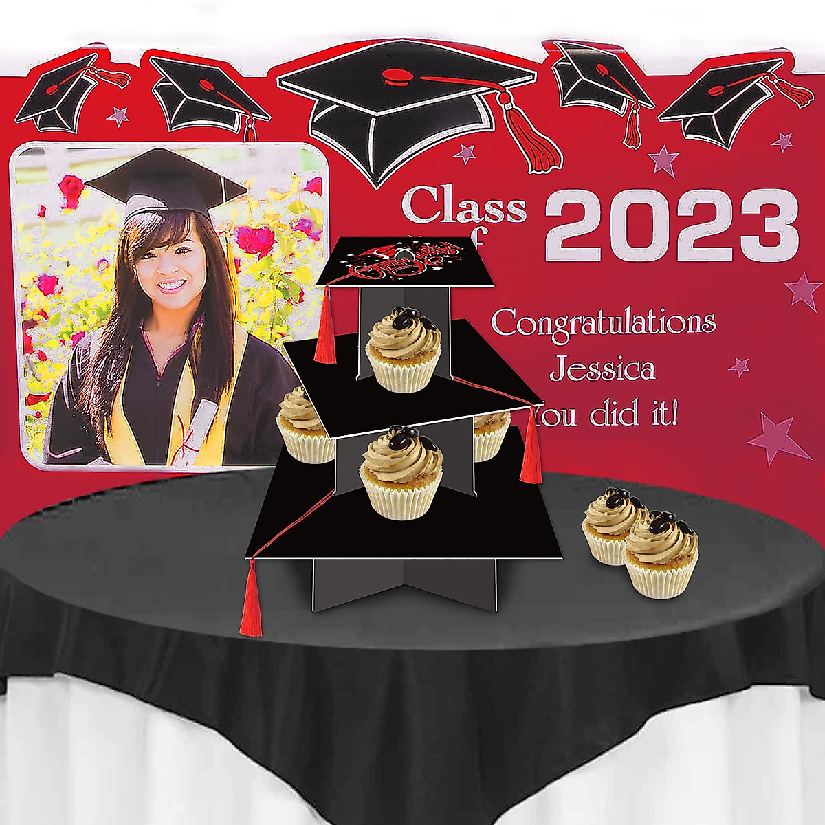 KALEFO Graduation Decorations 2024 Graduation Cap Cupcake Stand with Tassel Graduation Party Favors Table Decor Grad Party Supplies (Red)