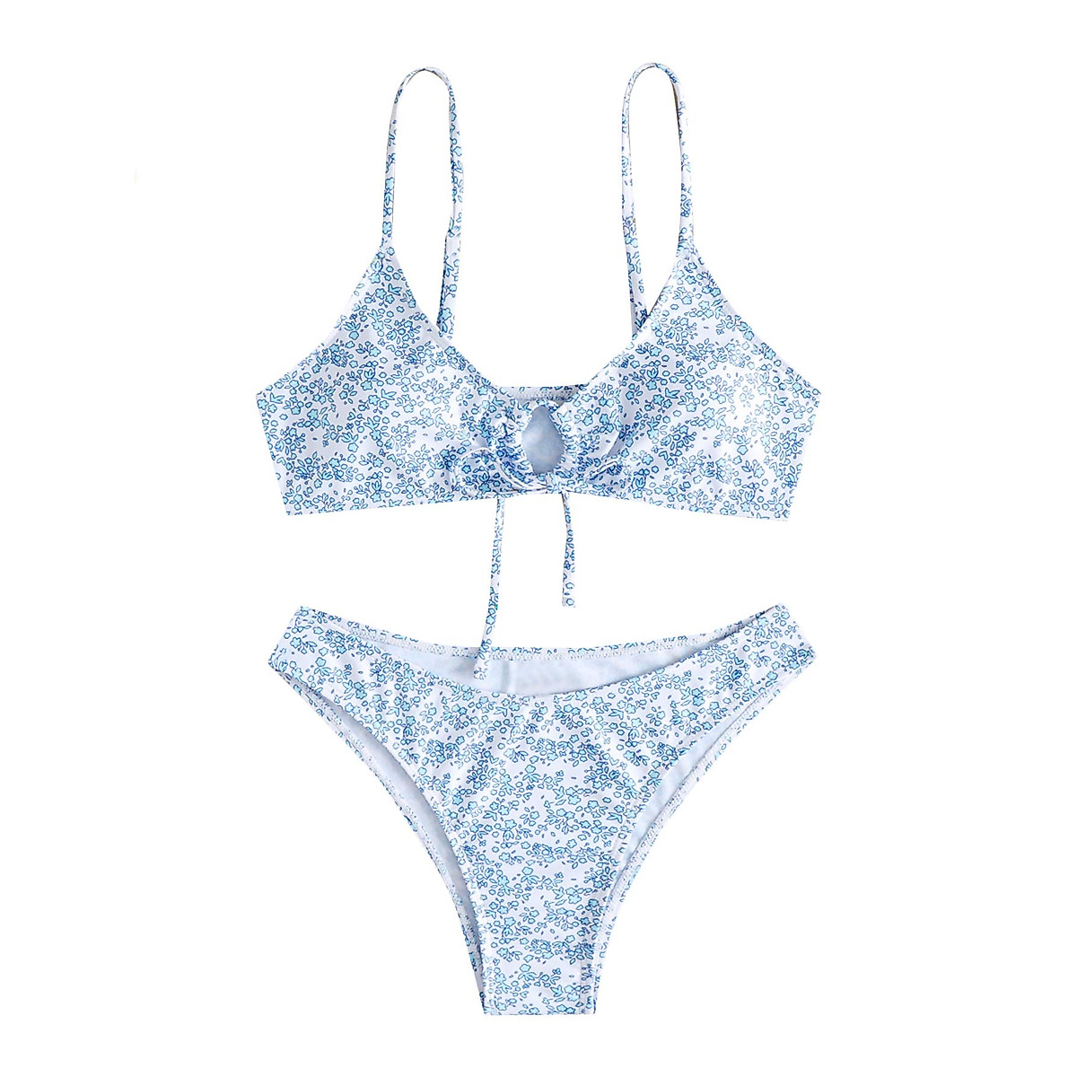 SOLY HUX Women's Floral Print Tie Front Bikini Bathing Suit 2 Piece Swimsuits Blue White S