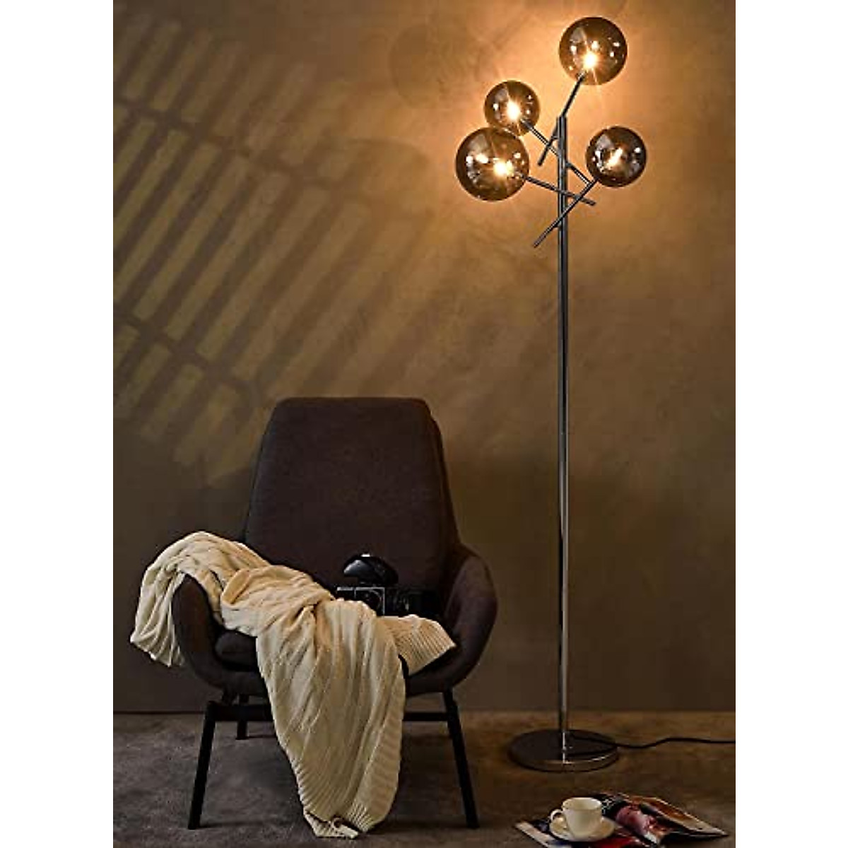 Surpars House Sputnik Chandelier Floor Lamp, 4 Lights Globe Floor Light with Smoky Grey Glass Shade,Chrome