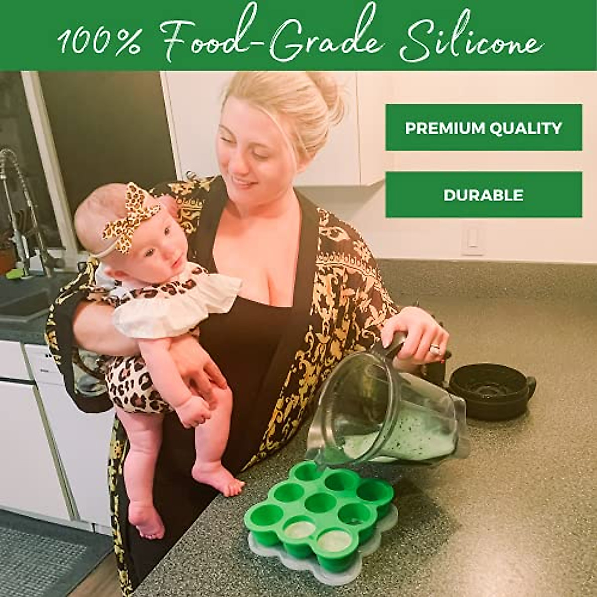 Silicone Baby Food Storage Container and Freezer Tray - Food-Grade Silicone Mold with Clip-On Lid - 9 x 2.5 Oz Easy Out Portions (Green)