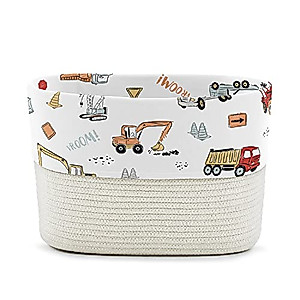 Sweet Jojo Designs Red Blue Construction Truck Boy Woven Storage Basket Decorative Cotton Rope Lined Bin Baby Nursery Kids Bedroom Toys Closet Shelf Organizer Transportation Bulldozer Black and White