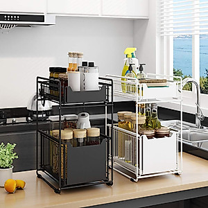 KirinRen Stackable 2-Tie Under Sink Cabinets Organizer With Sliding Storage Drawer, Pull Out Cabinets Organizer Shelf, Sliding Basket Organizer Drawer For Kitchen, Bathroom, Office (White)