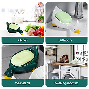 Longzhuo Cute Duck Soap Dish, 2Pcs Ceramic Soap Dish with Draining, Ceramic Soap Tray, Portable Soap Holder, Cute Duck Soap Shelf for Bathroom, Bathtub, Kitchen Sink Soap Box (White + Green)