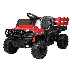 TOBBI 12V Kids Ride on Truck with Remote Control Battery Powered Toy Tractor with Trailer in Red