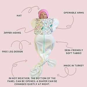 Baby Swaddle, Newborn to 6 Months Babies,0 Cotton, Easy to use with Zipper, Hat is Gift, Transition Swaddle Bag, Unisex, Arms Free in and Out swaddling, Long Sleeve Sleeping Sack (Multi)
